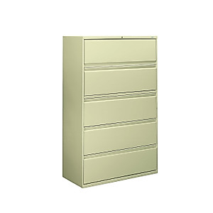 HON 5 Drawer File Cabinet with Lock - 800 Series Lateral Office Storage Cabinet Locking Metal Filing Cabinet with Drawers 42"W x 18"D - Adjustable Hangrails for A4, legal, Letter Files - Putty