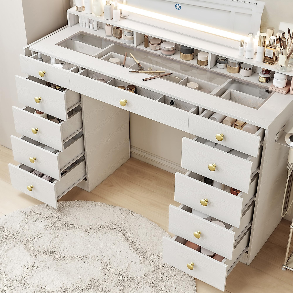 IRONCK Vanity Desk with Mirror and LED Lights, Makeup Vanity with 11 Drawers and Power Outlet, 45" Glass Top Vanity Table with Storage Stool, Adjustable Brightness, Vanity Set for Bedroom, White