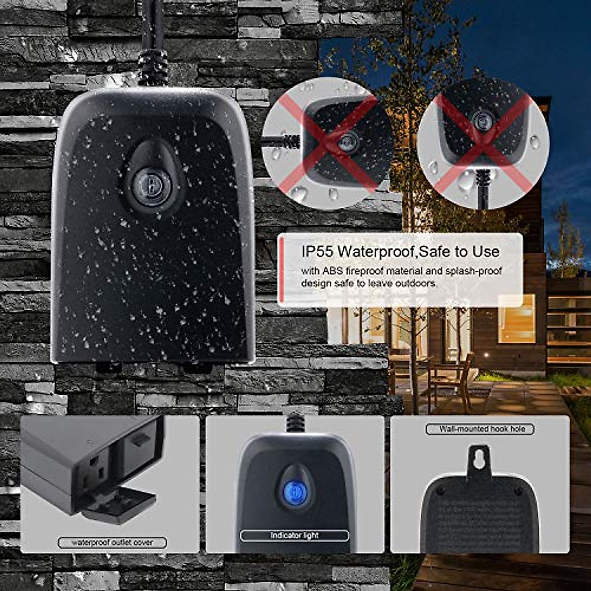 Smart Outdoor Plug, Smart WiFi Outdoor Plug Compatible with Alexa, Google Home and IFTTT, 2 Outlets, Timer and Remote Control, IP55 Waterproof, Smart Outdoor Switch with Energy Monitoring - Black