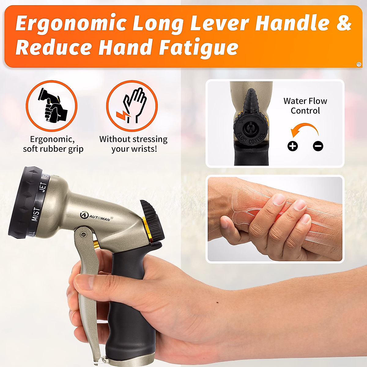 AUTOMAN Garden Hose Nozzle - 7 Patterns Sprayer, 100% Metal High Pressure Spray Nozzle, Labor-Saving Design, Heavy Duty Water Hose Nozzle for Garden Watering, Car Washing, Window Cleaning,Pets Bathing