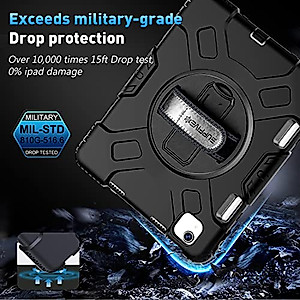 SUPFIVES Case for iPad Air 5th Generation 10.9 Inch 2022: Military Grade Silicone Protective Cover for iPad Air 4th Gen/iPad Pro 11 with Pencil Holder+ Rotating Stand+ Handle+ Shoulder Strap(Black)
