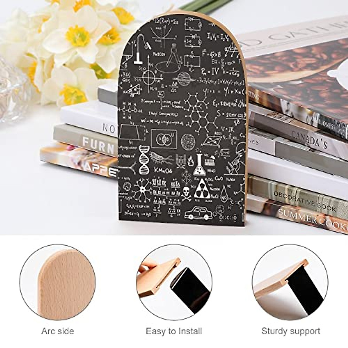 Wood Bookends, Education Science Formulas On Chalkboard for School Math Physics Bookshelf Book Ends Heavy Duty Bookends Desktop Organize Books Wooden Book Ends for Home Office Kitchen 3x5 Inch 1pair /