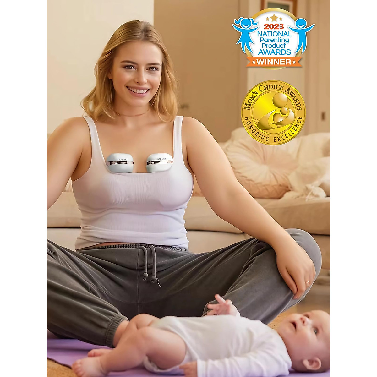 Nursi Luna Breast Pump Hands Free, Double Wearable Breast Pump with 3 Modes & 12 Levels, Smart Touchscreen, Low Noise Portable Wireless Electric Breast Pump with Flange Inserts (Pack of 2, Pink)