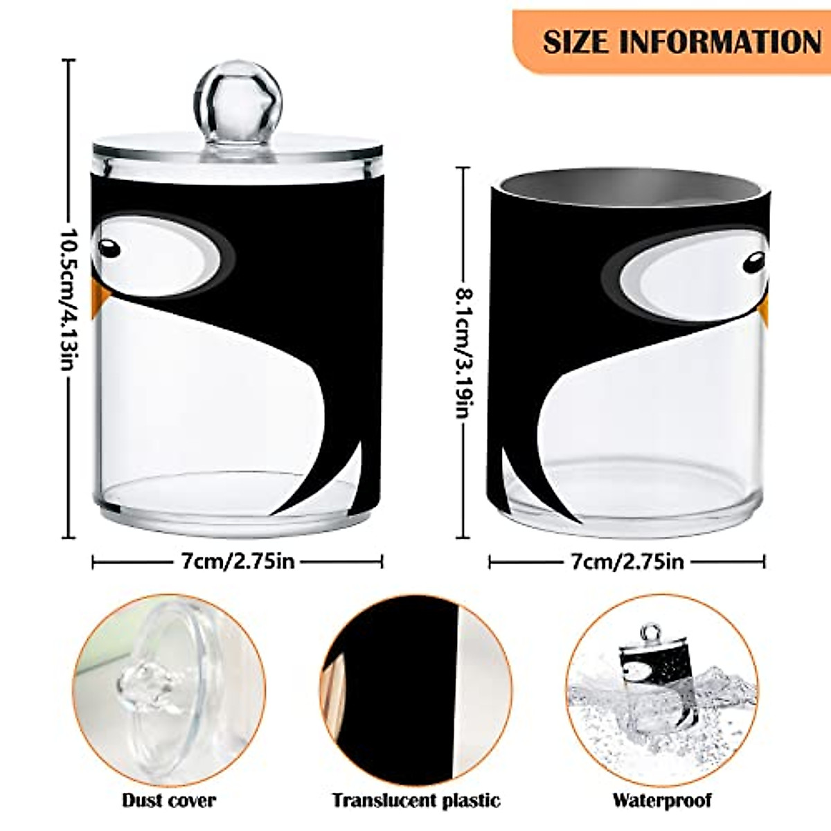 xigua 2 Pack Qtip Holder Dispenser Penguin Face 10 Oz Bathroom Organizer with Lids Storage Canister for Cotton Ball,Cotton Swab,Cotton Round Pads,Floss#215