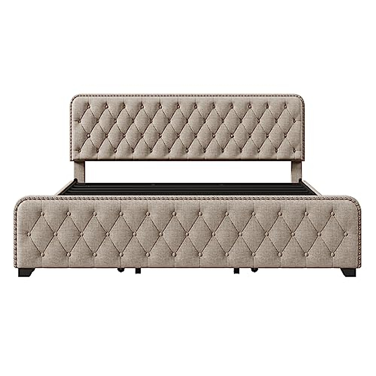 King Size Upholstered Platform Bed Frame with 4 Storage Drawers, Metal Bed Frame with Button Tufted Headboard and Footboard Sturdy Wood Slat Support, No Box Spring Required, Beige (Beige-KZC9A)
