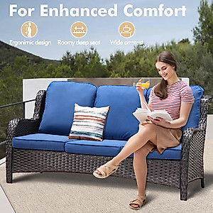XIZZI Patio Furniture Set with Swivel Rocking Chairs,6 Pieces All Weather Wicker Outdoor Furniture with Sofa,High Back Patio Conversation Set for Balcony,Deck,and Backyard,Brown Rattan Navy Blue