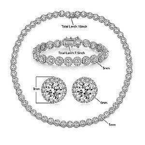 Gemsme 18K White Gold Plated Cubic Zirconia Tennis Necklace/Bracelet/Stud Earrings Set for Women Men Hypoallergenic Silver Halo Jewelry Pack of 3