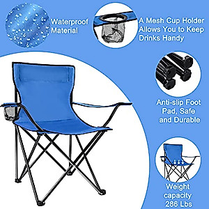 4 Pack Outdoor Folding Chairs Camp Chair Beach Chair Portable Folding Camping Chairs Lightweight Lawn Chair Foldable Sports Chair with Cup Holder Carrying Bags (Blue,19.7 x 19.7 x 31.5 Inch)