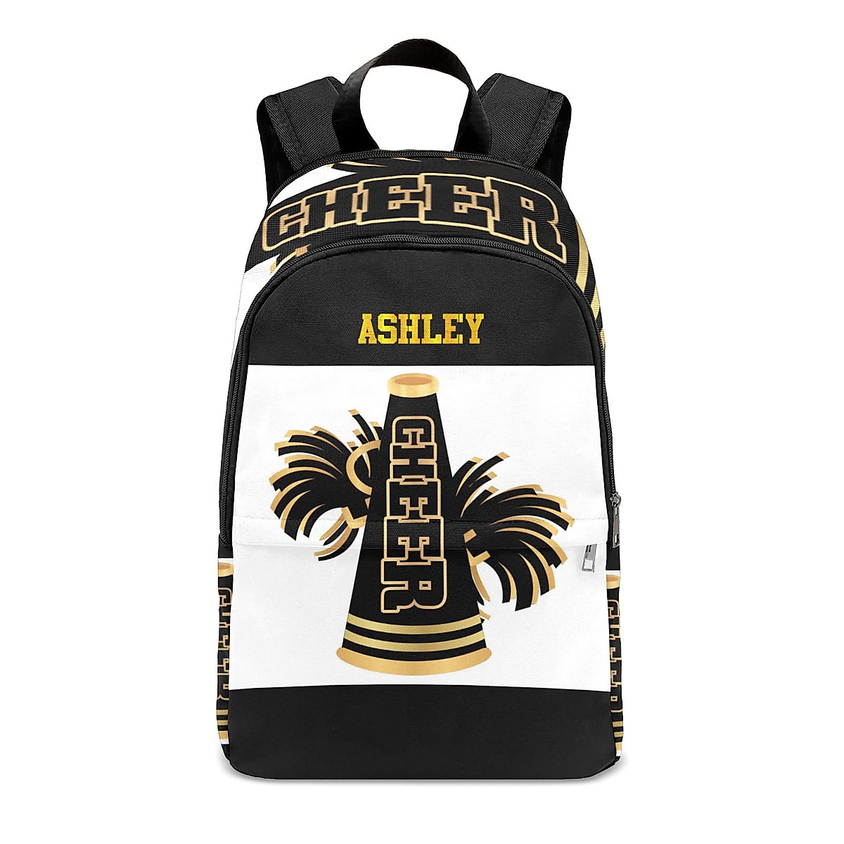 Urcustom Personalized Name Cheerleader Megaphone Cheer Black Backpack Unisex Bookbag for Boy Girl Travel Daypack Bag Purse 17.7 IN