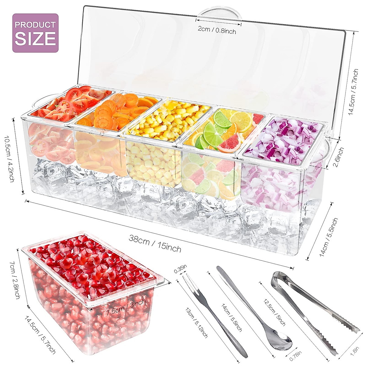 FODIENS 5 Compartment Condiment Server, Ice Chilled Condiment Containers with Lid, Clear Condiment Caddy Serving Tray on Ice with 5 Serving Spoons 5 Fruit Forks 2 Serving Tongs