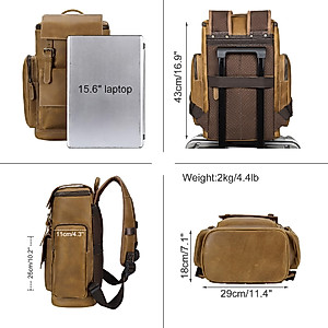 Masa Kawa Leather Backpack for Men 15.6 Inch Laptop Large Capacity Vintage College School Bag Hiking Daypack