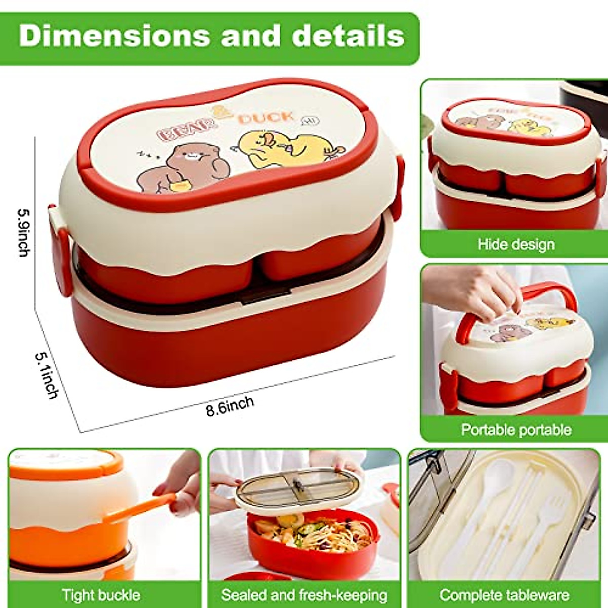 PUOENFGR Bento Lunch Box,Large Capacity Double Layer stacking with Handle with Adults,Microwave Can Be Used,Comes with Three-Piece Cutlery Set,BPA-Free,Great for Camping,Work(Moe Force Brown)