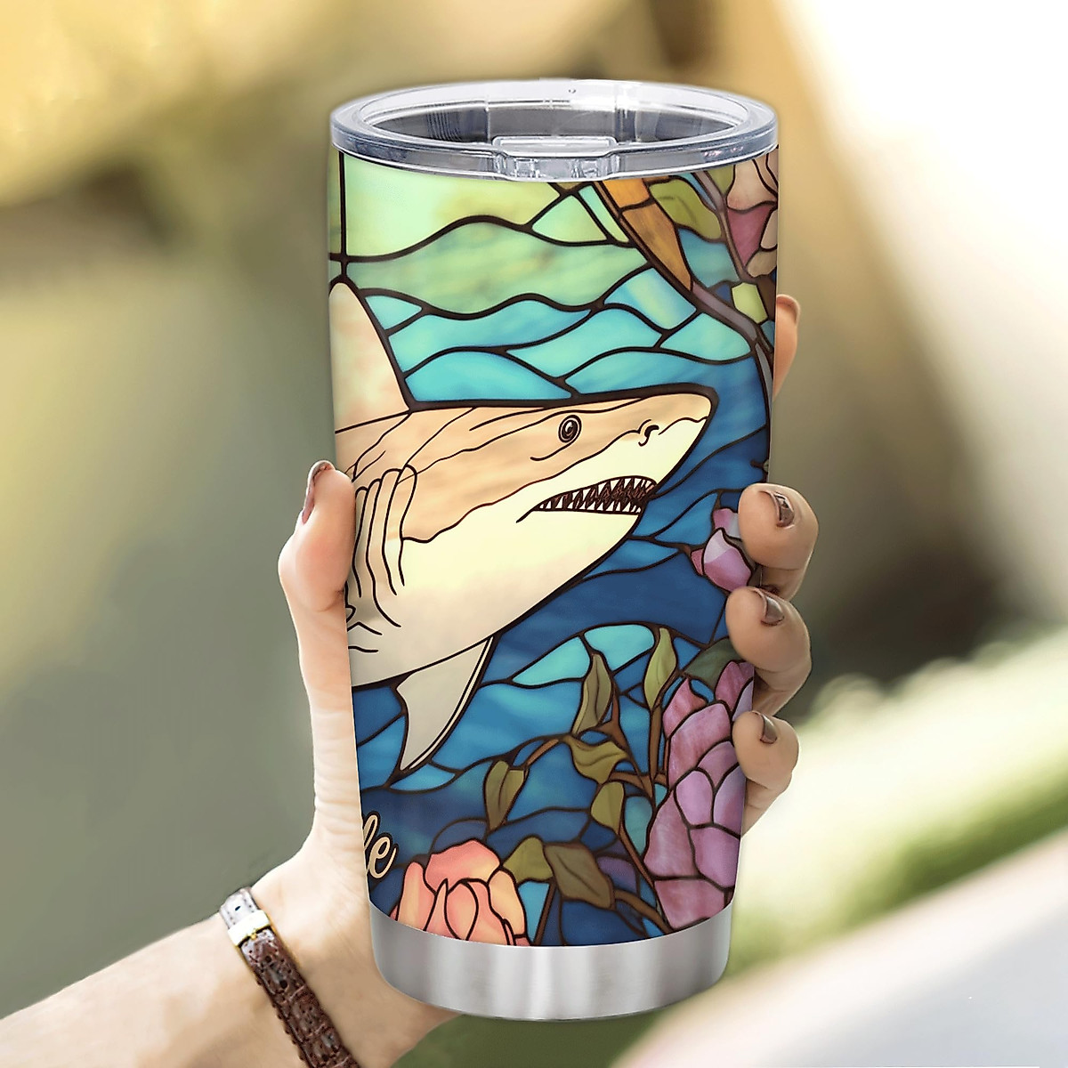 Hyturtle Personalized Gifts Shark Lover - Shark Printed Customized Name Stainless Steel Tumbler 20 oz With Lid - Idea Cute Sea Animal Lover Gifts For Women, Girl kids On Birthday, Christmas