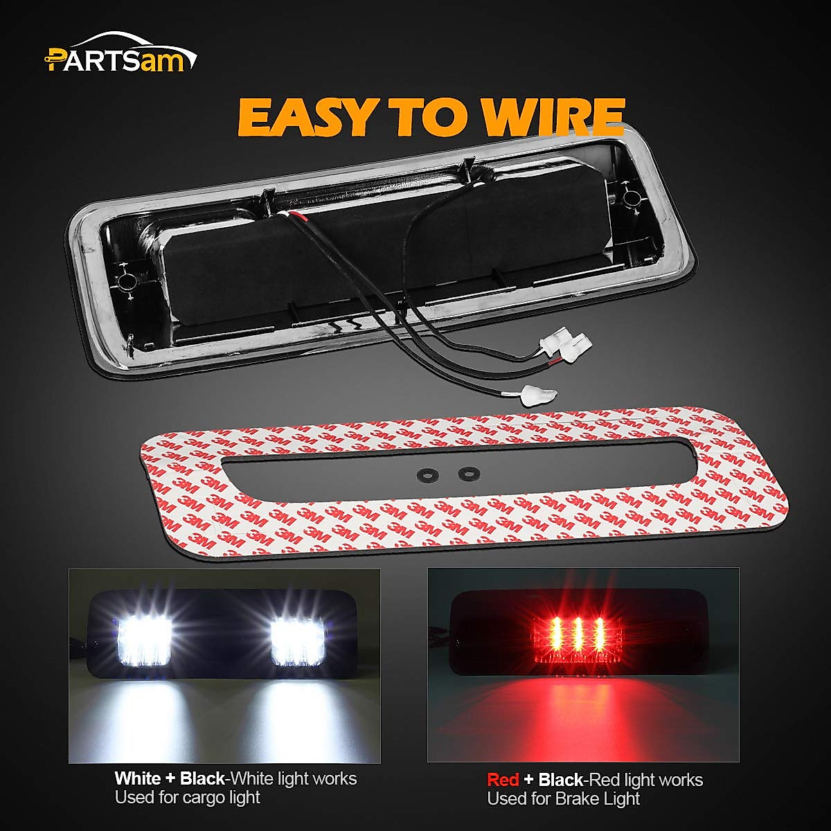 Partsam Replacement for F150 F-150 2004 2005 2006 2007 2008 High Mount Stop Light 3rd Third Brake Light Smoked LED Rear Cab Roof Center Mount Brake Tail Cargo Light Lamp Chrome Housing w/3 Plugs