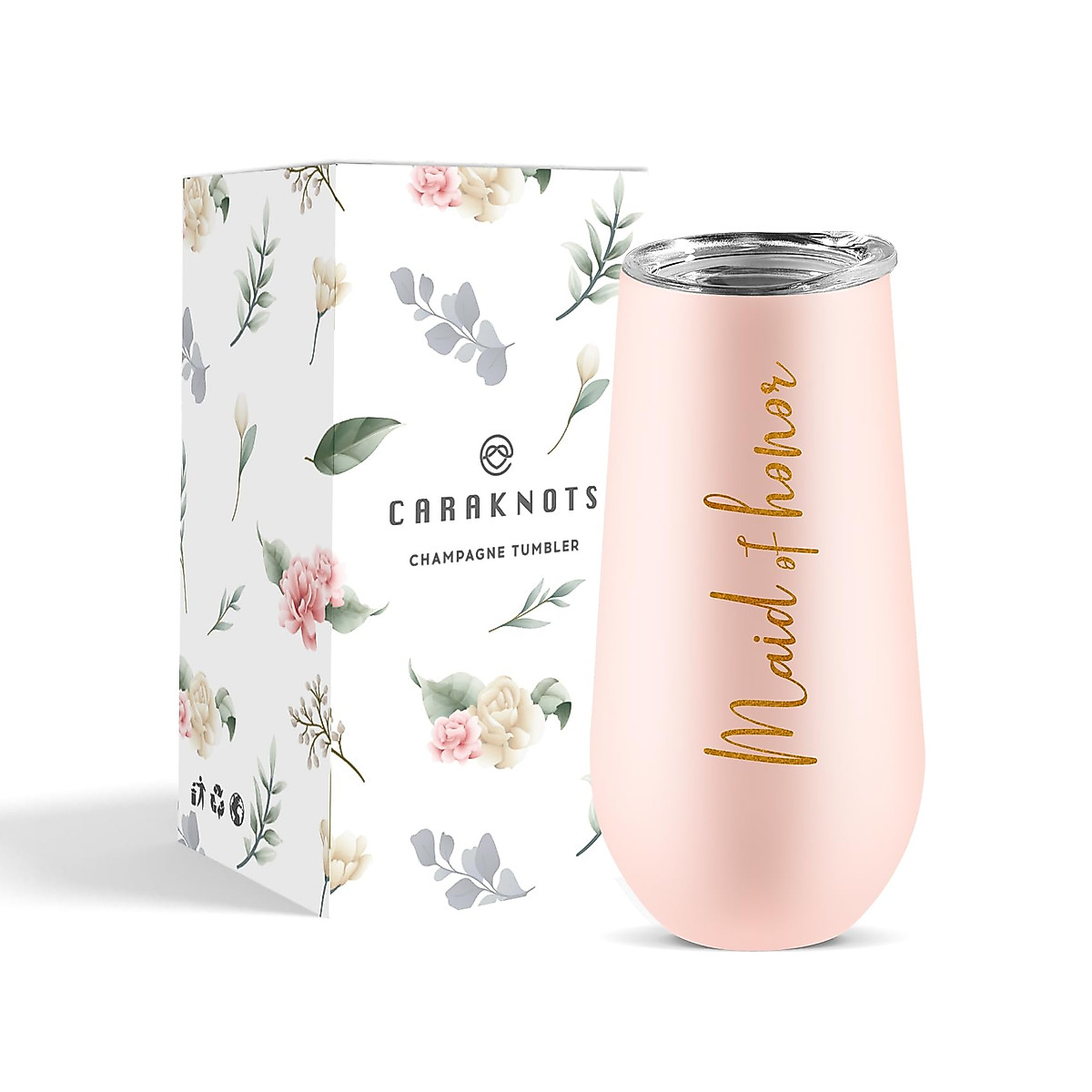 CARAKNOTS Maid of Honor Gifts Wedding Champagne Flutes Bridesmaid Proposal Gifts Wine Tumbler for Engagement Bachelorette Party Pink Stainless Steel Tumbler 6 oz