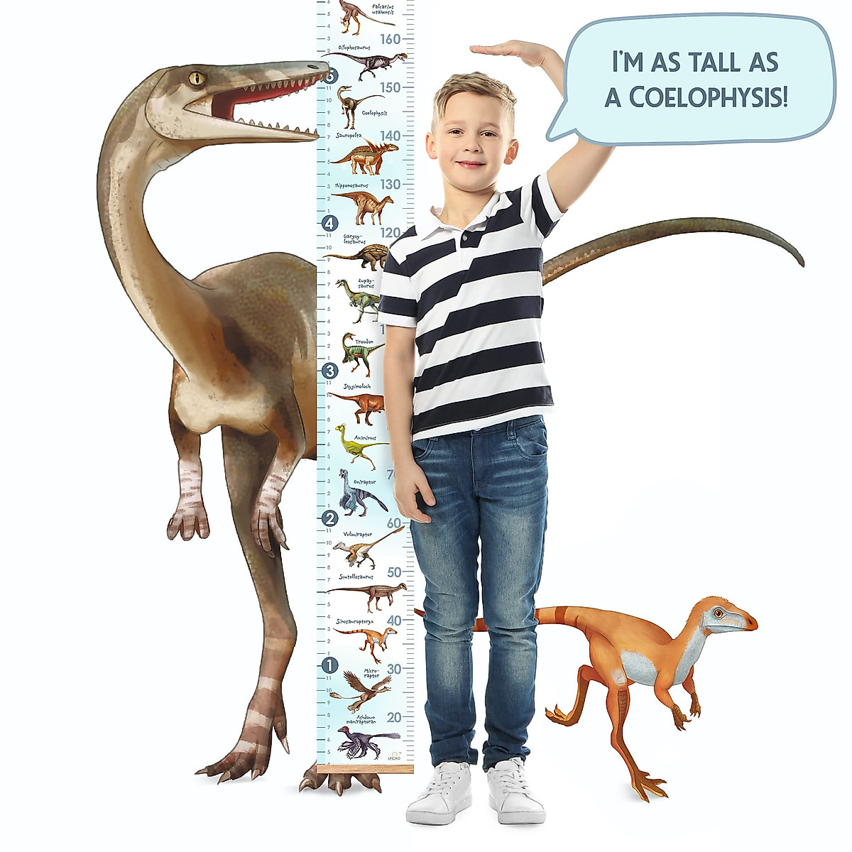 LIFELIKO Personalised Growth Chart for Dinosaur Lovers, Removable Wall Ruler for Boys and Girls, Kid’s Room Decoration (Blue)