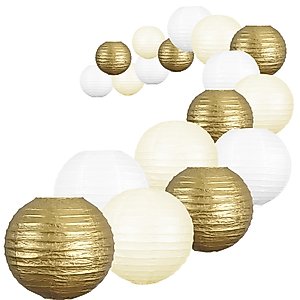 UNIQOOO 18PCS Metallic Gold Paper Lantern Wedding Decoration Set, Assorted Hanging Gold Japanese Paper Lantern, Reusable Easy Assemble, For New Year Christmas Birthday Baby Shower Party Favor Supplies