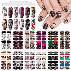Maitys 168 Pieces Halloween Skull Full Wrap Nail Stickers DIY Gothic Nail Polish Strips Stickers Self Adhesive Full Wraps with Nail File for Halloween Party Decor(Skeleton Style)