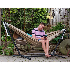 Vivere Double Sunbrella® Hammock with Space Saving Steel Stand, Sand (450 lb Capacity - Premium Carry Bag Included)