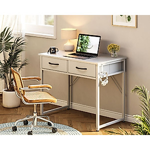 ODK Small Desk with Fabric Drawers- for Bedroom, White Vanity Desk with Storage, Home Office Computer Desk for Small Spaces, 32 Inch Modern Work Writing Study Table, White