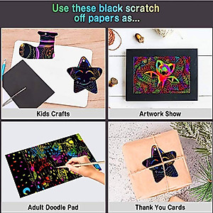 LUREME Scratch Art Set, 50Pcs Rainbow Magic Scratch Paper Set Black Scratch Off Art Crafts Notes Boards Sheet with 5 Wooden Stylus 4 Drawing Stencils for Easter Party (ME000009)