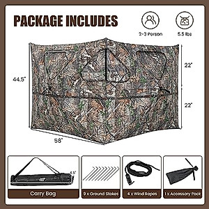 GYMAX Hunting Blind, 2-Panel See Through Pop Up 2-3 Persons Camouflage Deer Blind with Windows & Carrying Bag, Portable Folding Outdoor Ground Blind for Deer Turkey Hunting Gear Accessories
