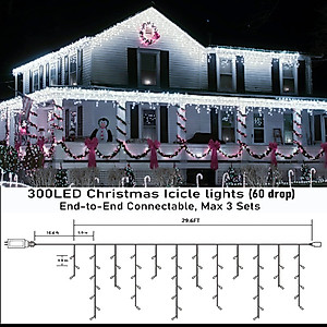 Joomer Christmas Icicle Lights,300 LED 29ft 8 Modes with 60 Drops,Christmas Lights with Timer,Waterproof Connectable Outdoor String Lights for Holiday,Wedding,Party Christmas Decorations(White)