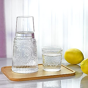 Wongblee Bedside Water Carafe and Glass Set, Vintage Borosilicate Glass Carafe with Cup, Carafe Holds 31oz, Cup Holds 10oz