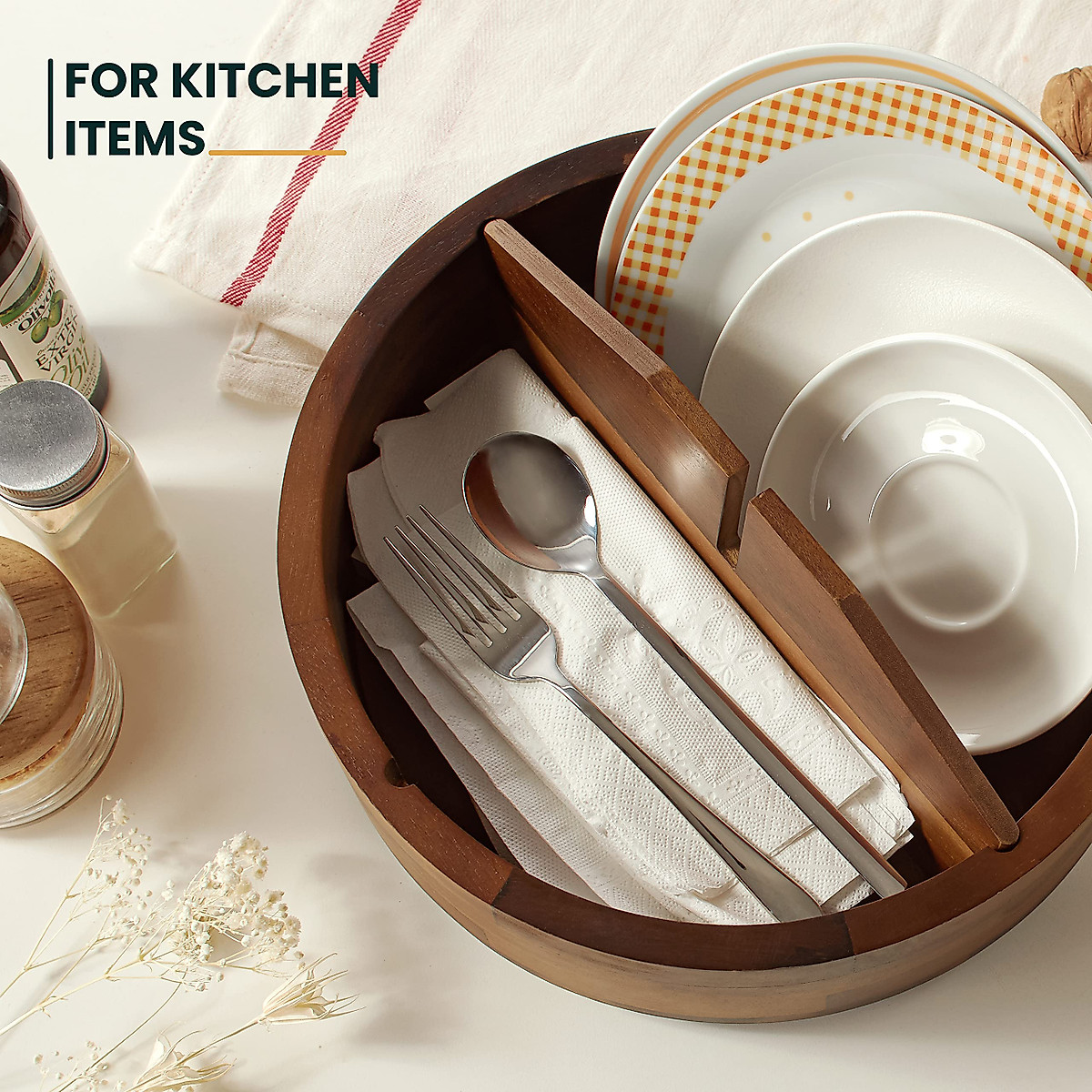 RABAHA 12 inch Lazy Susan Organizer for Cabinet - Lazy Susan Turntable for Table - Kitchen Turntable Storage Food Bin Container for Spices, Fridge, Pantry, Countertop