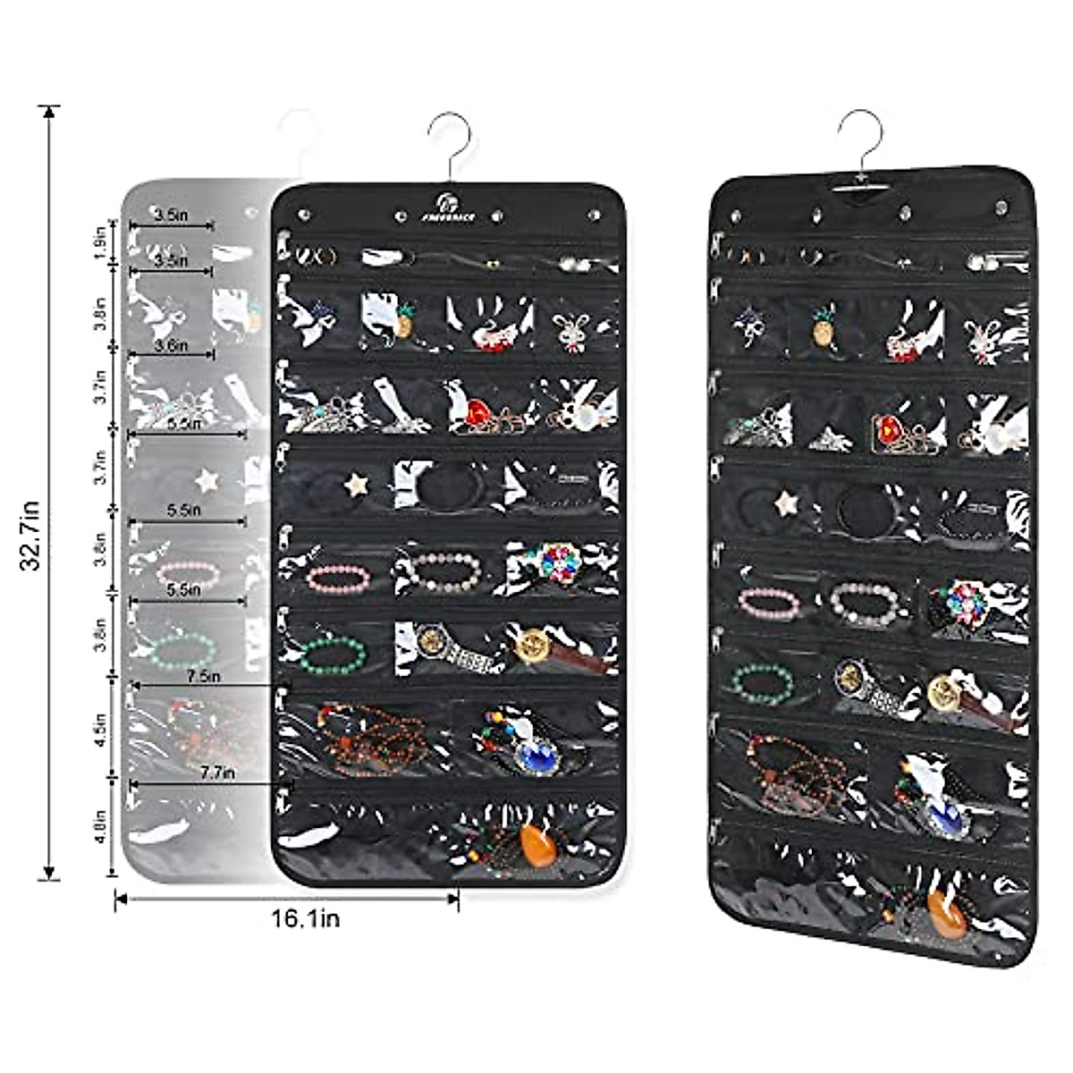 Freegrace Hanging Jewelry Organizer Revolving Hanger - Secure Zipper Closure - 50 Pockets - Foldable Storage & Display Solution - For All Jewelry & Bijoux (Black)