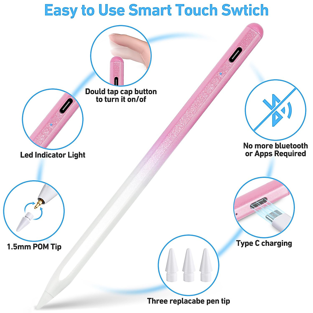 Stylus Pen for ipad, Active Pencil with Quick Charge, Palm Rejection Tilt Sensor, Magnetic Pen Compatible with 2018-2022 iPad Pro 11"/12.9",iPad 10/9/8/7/6,iPad Mini 5/6,iPad Air3/4/5