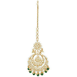 Aheli Bollywood Ethnic Chandbali Style Big Earrings Maang Tikka Set Traditional Fashion Jewelry for Women (Green)