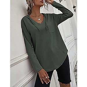 morhuduck Women's V Neck Hoodies Long Sleeve Sweatshirt Drawstring Pullover Tops with Pocket,Army Green, S