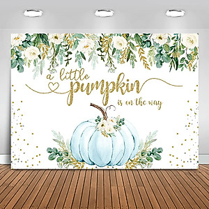 Mocsicka Boy Pumpkin Baby Shower Backdrop Greenery Blue Floral Fall Baby Shower Background A Little Pumpkin is On The Way Baby Shower Party Cake Table Decoration Banner Photo Booth Props (7x5ft)
