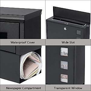 Kasten Wall-Mount Mailbox for Outside, Large Capacity Metal Mailbox with Newspaper Compartment, 14.3 x 4.1 x 11.8 Inch, Black