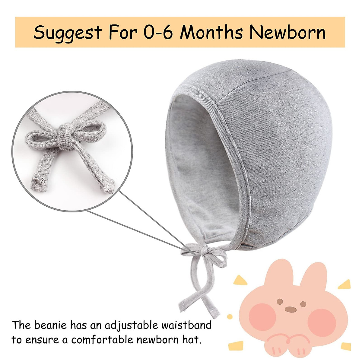 JANGANNSA Newborn Baby Hospital Hat Infant Set Head Cap Lovely Ears Belt Beanie 0-6Months (Blue+Gray+White,0-6Months)