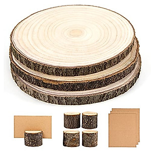 Pllieay 3 Pieces 9-10 Inch Wood Cake Stand Large Wood Slices Serving Tray, with 5 Pieces Cards and 5 Pieces Wood Table Number Card Holders for Table Centerpiece, Wedding Cake and Other DIY Projects