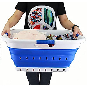SAMMART 41L Set of 2 Collapsible 3 Handled Plastic Laundry Basket - Foldable Pop Up Storage Container/Organizer - Portable Washing Tub - Space Saving Hamper/Basket (2, White/Dark Blue)