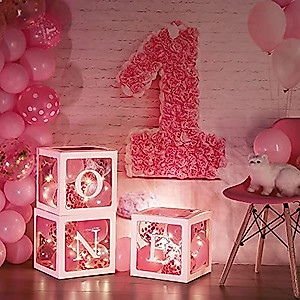 First Birthday Balloons Boxes, ONE Transparent White Balloon Blocks with 3 LED String Lights and 32 Balloons for Girl Boy Baby 1st Birthday Party Decorations Photo Shoot Prop (Pink)