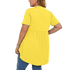 PLOKNRD Women's Plus Size Tops Short Sleeve Henley V Neck Button Up Flowy T Shirts Tunic Loose Blouses Yellow