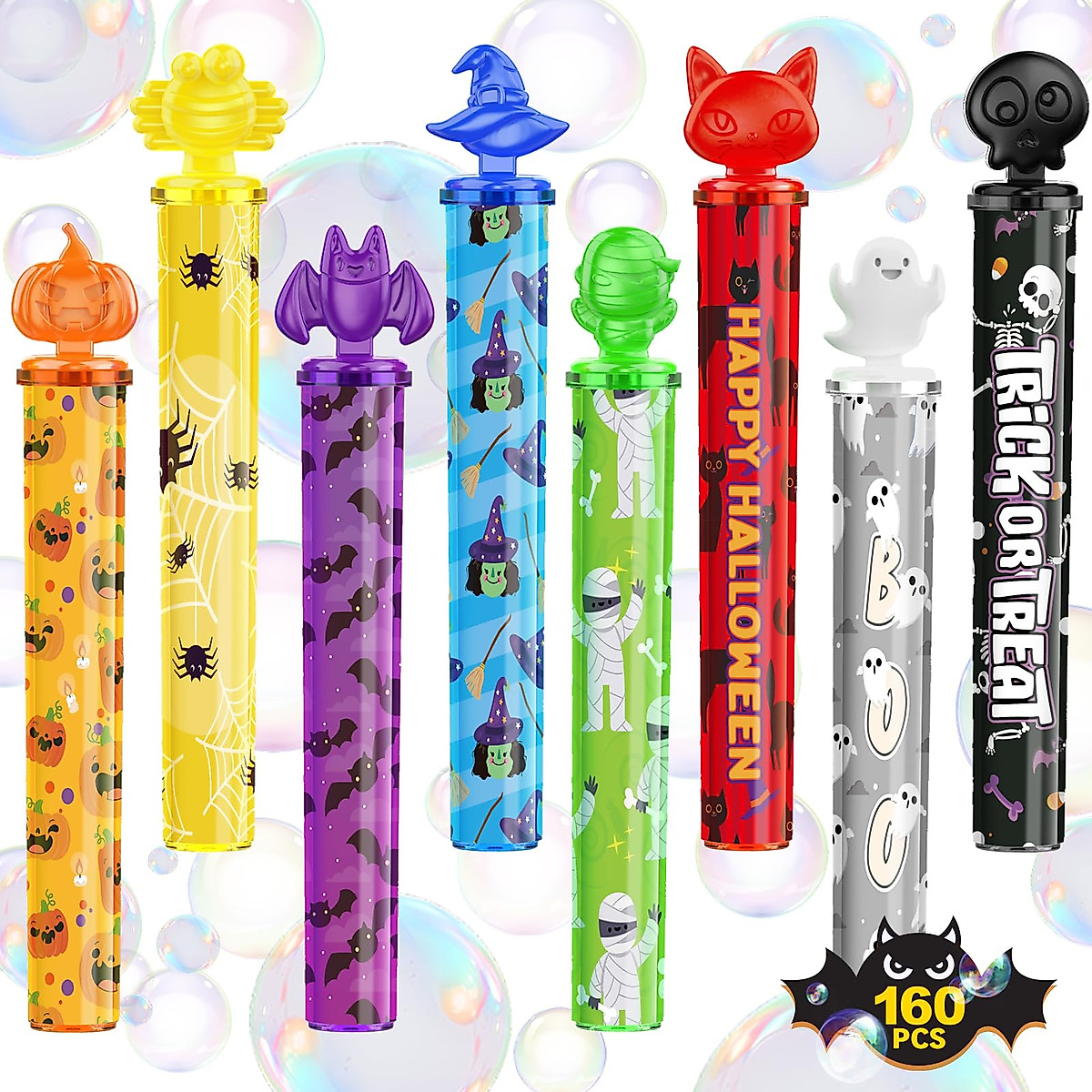Shemira 160pcs Halloween Bubble Wands, Halloween Party Favors for Kids, Halloween Goodie Bags Fillers, Halloween Trick Or Treating Toys Bulk, for Kids, Halloween Miniatures Prizes