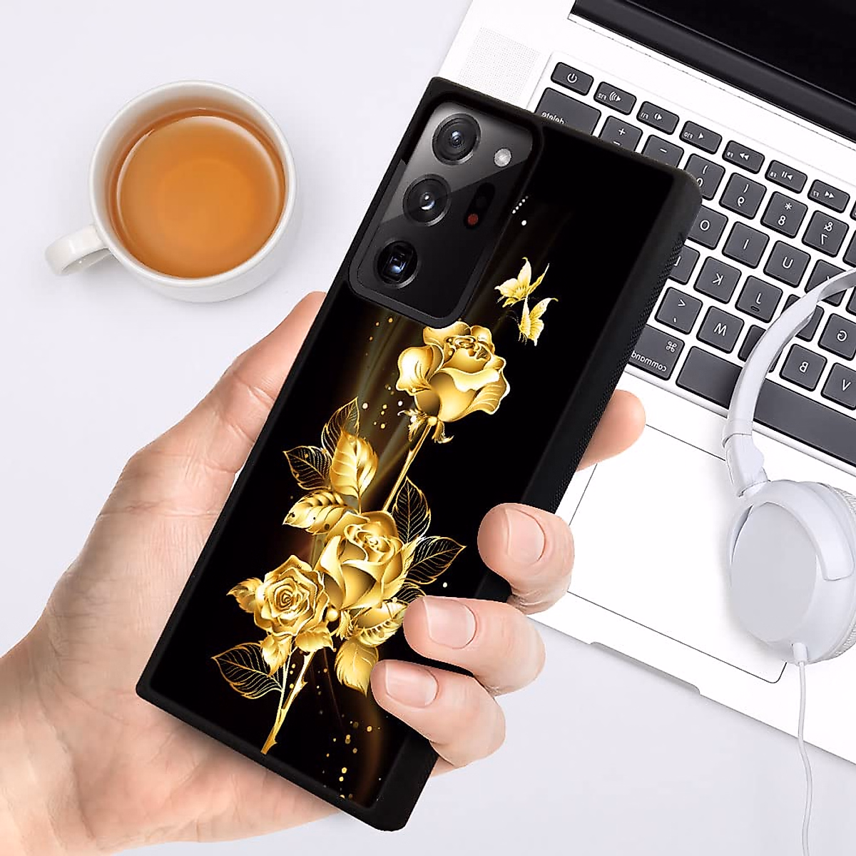 DJSOK Case Compatible with Samsung Galaxy Note 20 Ultra Case,Golden Butterfly Rose Flower Pattern Design Pattern Back+Soft Silicone TPU Shock Protective Case