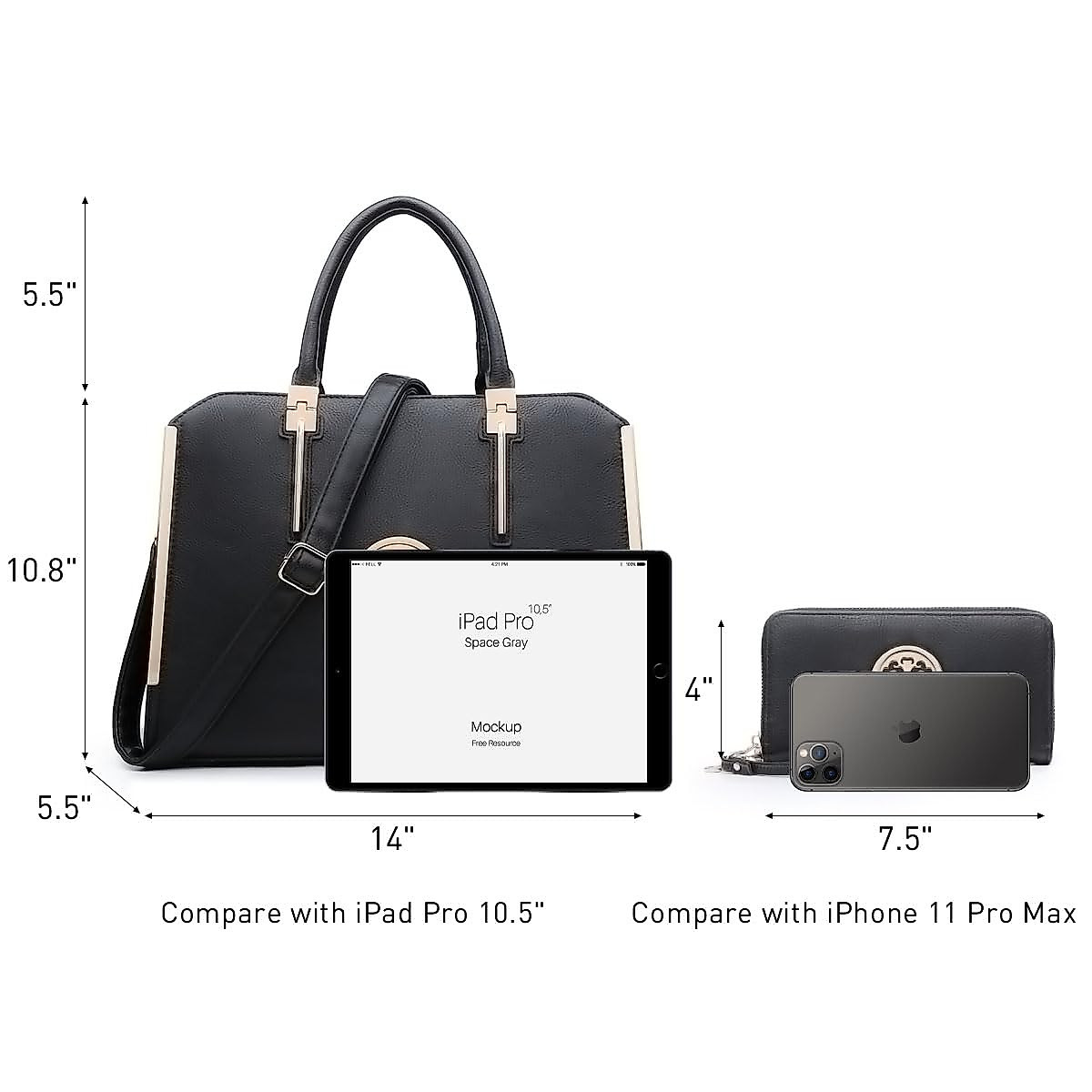 Dasein Women Large Handbag Purse Vegan Leather Satchel Work Bag Shoulder Tote with Matching Wallet (Black)