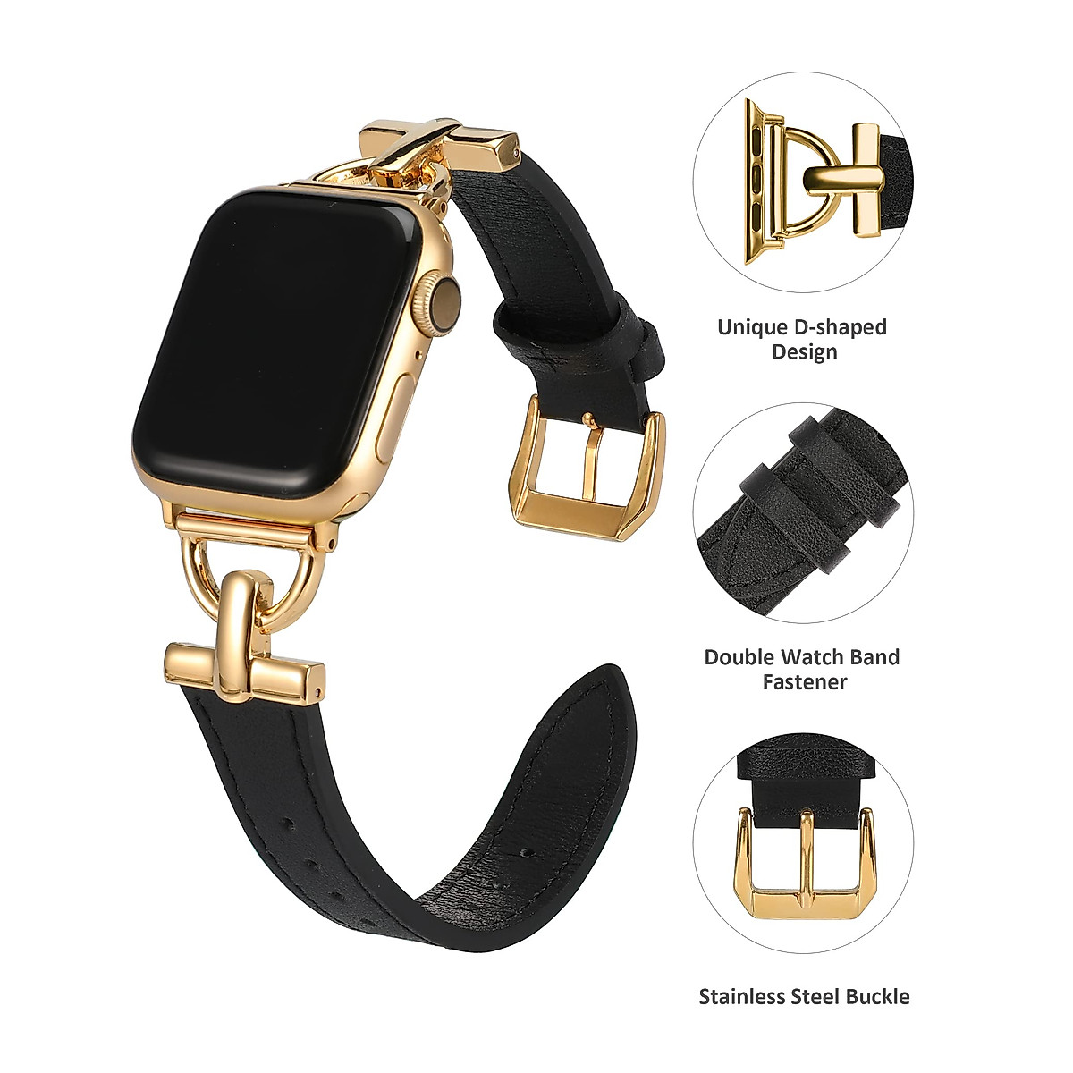 Wearlizer Leather Band Compatible with Apple Watch Band Women 42mm 44mm 45mm 49mm Ultra 2, Dressy Fancy Leather Strap Metal Buckle for iWatch Bands Series 9 8 SE 7 6 5 4 3 2 1 Black/Gold Buckle