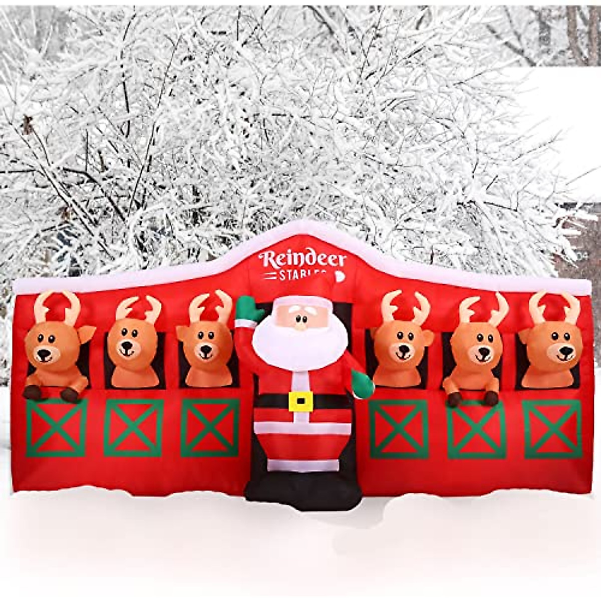 Christmas Time 4-Ft. Inflatable Santa Claus in a Reindeer Stable with LED Lights | Festive Holiday Blow-Up Decorations |Blower, Stakes, Ropes, and Storage Bag Included | CT-RDRSTBLE041-L, Red