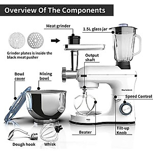 Nurxiovo Kitchen Stand Mixer, Multifunctional 3 in 1 Food Mixer Tilt-Head 850W Dough Machine with 6-1/2 Qt Stainless Steel Bowl, Hook, Whisk, Beater, Meat Blender and Juicer, White
