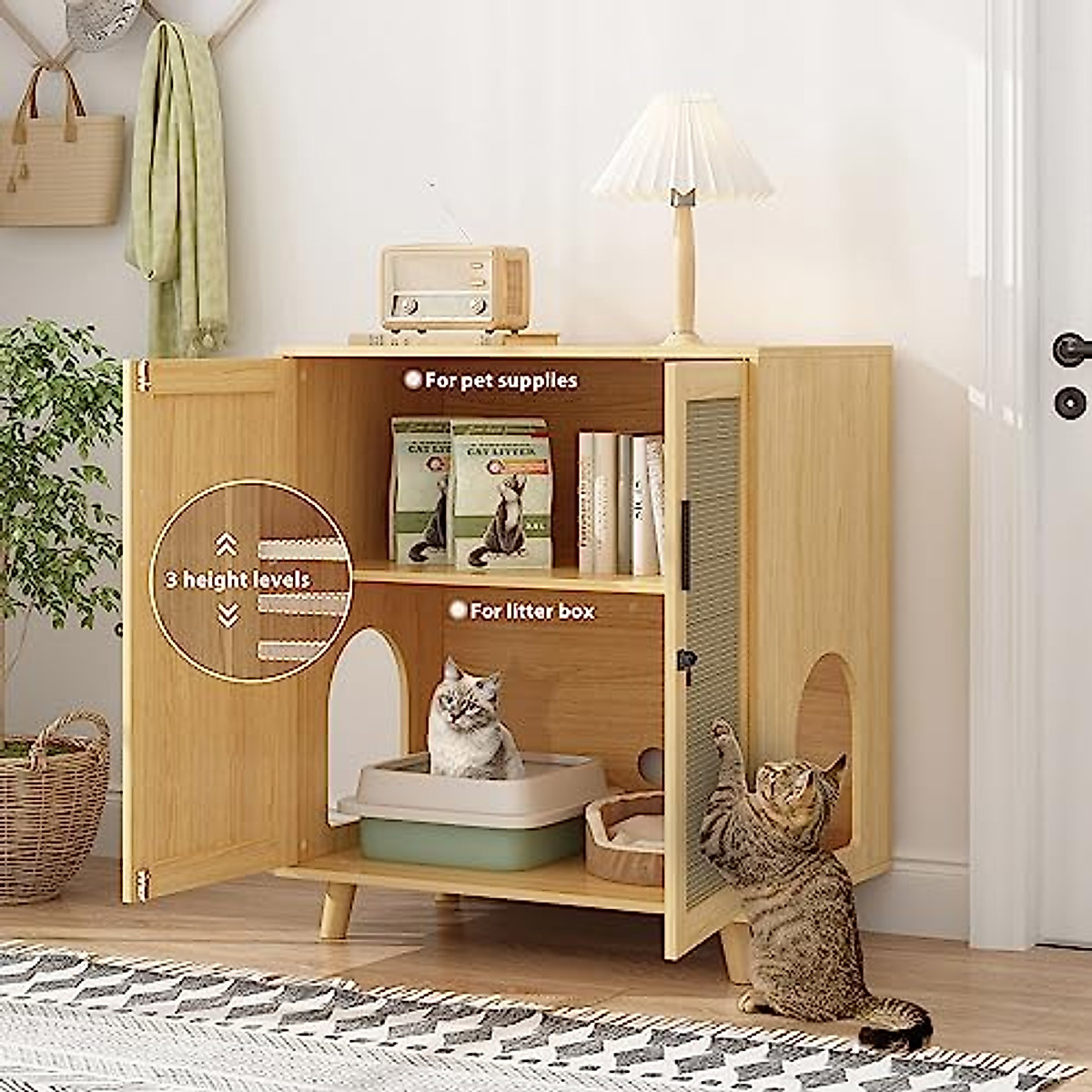 Lovinouse Large Cat Litter Box Enclosure, Hidden Cat Washroom Furniture with Sisal Covered Doors, 2 Layer Wooden Cat Cabinet with Adjustable Shelf, Side Table TV Stand for Living Room