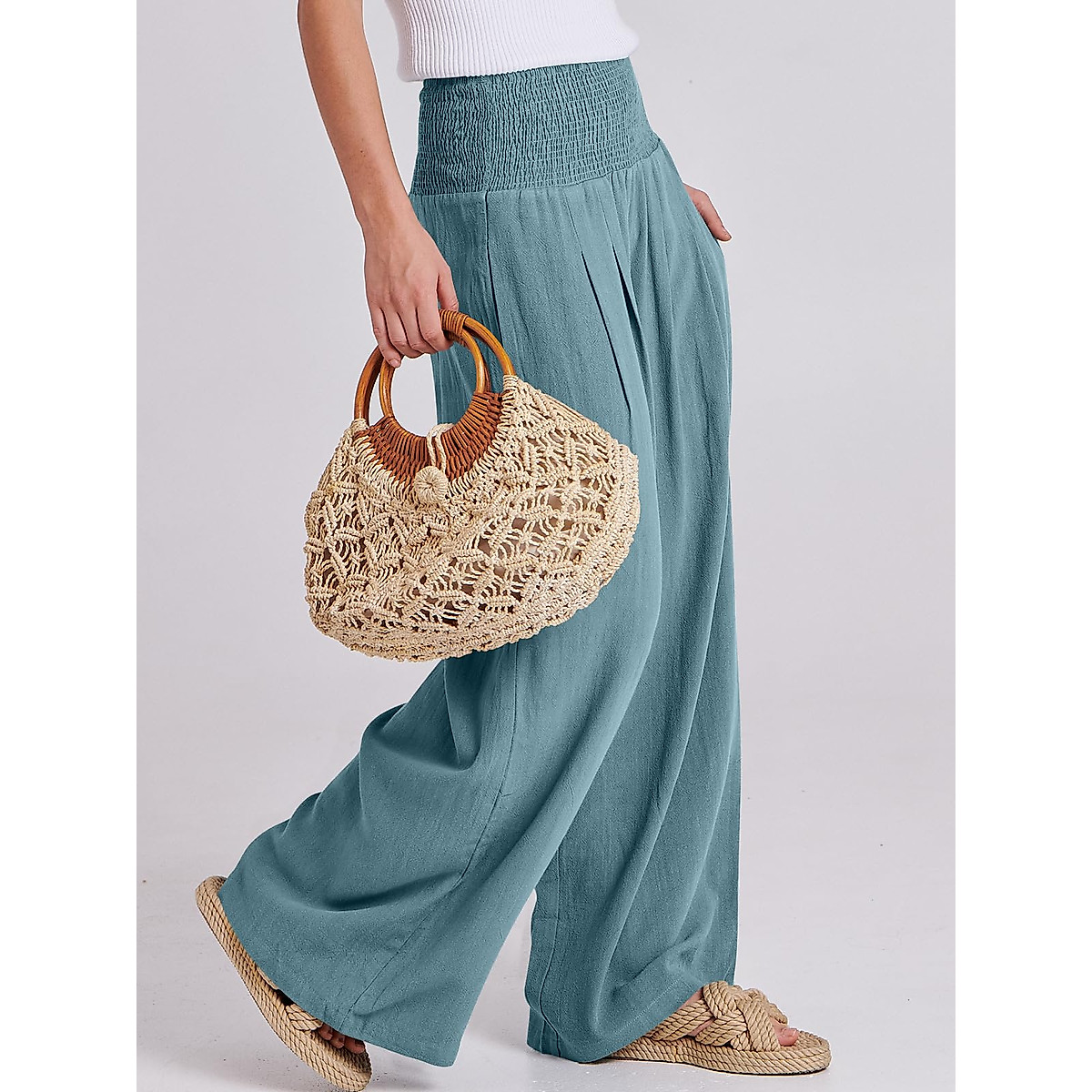 ANRABESS Women Linen Palazzo Pants Summer Boho Wide Leg High Waist Casual Lounge Pant 2025 Beach Travel Vacation Outfits Lake Small