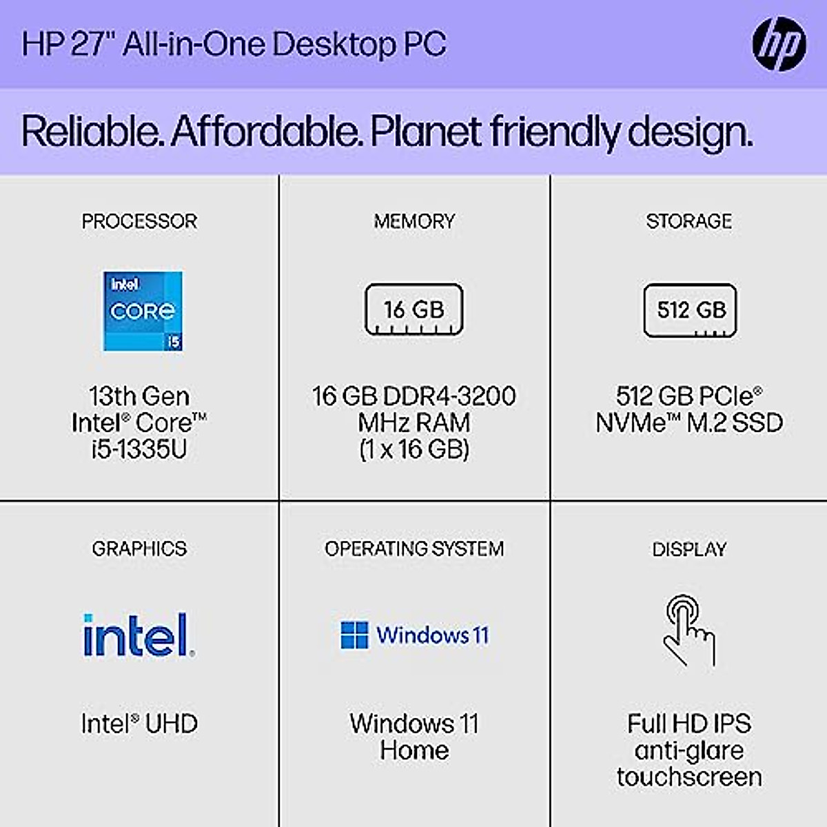 HP 27 inch All-in-One Desktop PC, FHD Display, 13th Gen Intel Core i5-1335U, 16 GB RAM, 512 GB SSD, Intel UHD Graphics, Windows 11 Home, 27-cr0070 (2023)