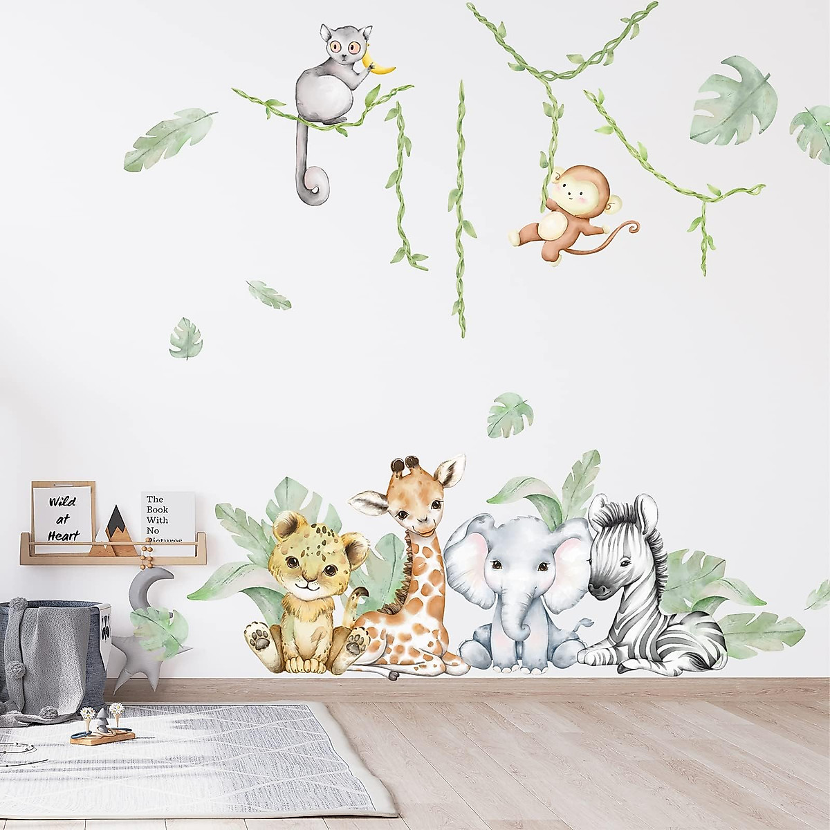 59.05x53.14 Inch Woodland Animals Wall Decals Wall Tree Decals Forest Animal Wall Decal Elephant Zebra Monkey Giraffe Nursery Decor for Home Baby Room Decorations Boys Girls Bedroom Art